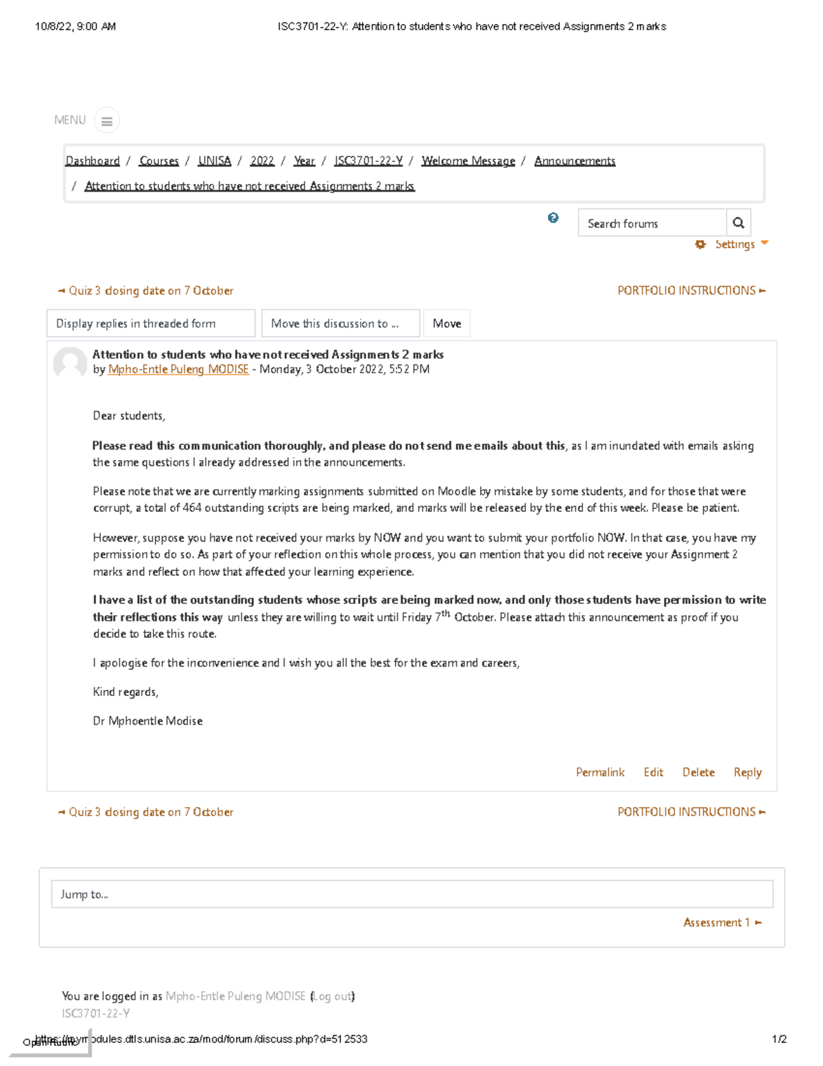 ISC3701-22-Y Attention to students who have not received Assignments 2 ...