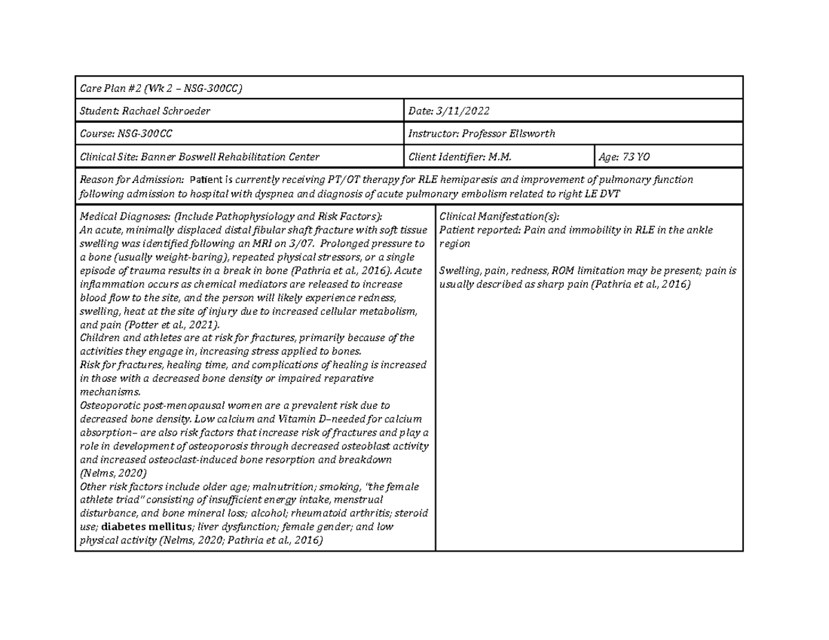Care Plan for Acute Pulmonary Embolism - Care Plan #2 (Wk 2 – NSG-300CC ...