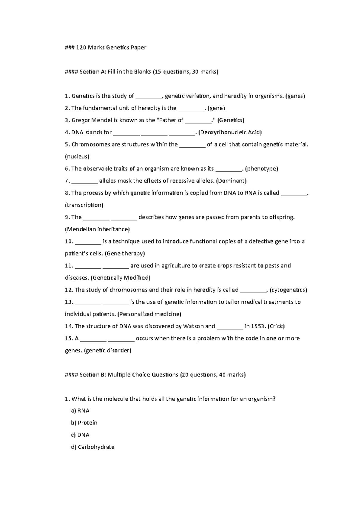 120 Marks Genetics Paper - 120 Marks Genetics Paper Section A: Fill in ...