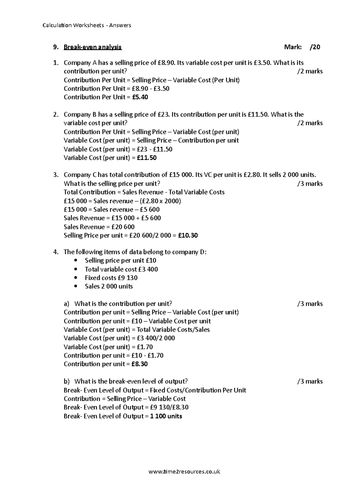 9 Break-even analysis Answers-2 - Calculation Worksheets - Answers ...