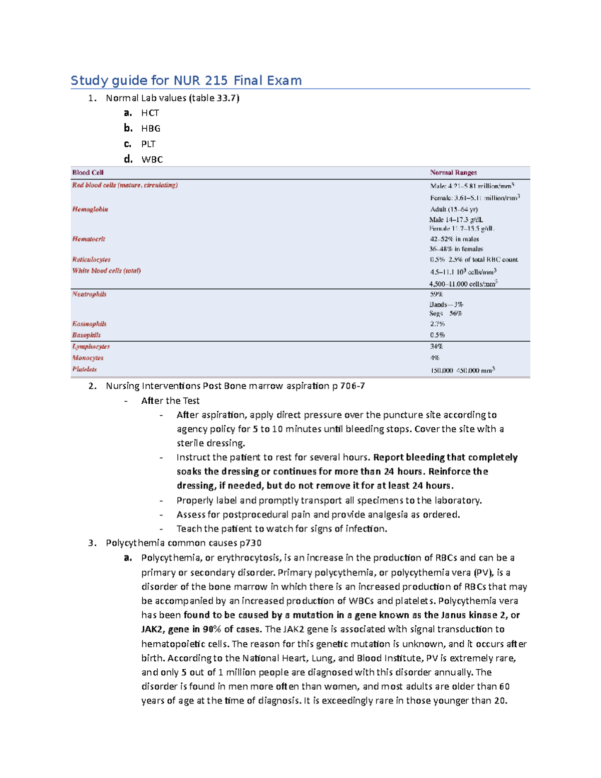 Final Exam Study guide - Study guide for NUR 215 Final Exam Normal Lab ...