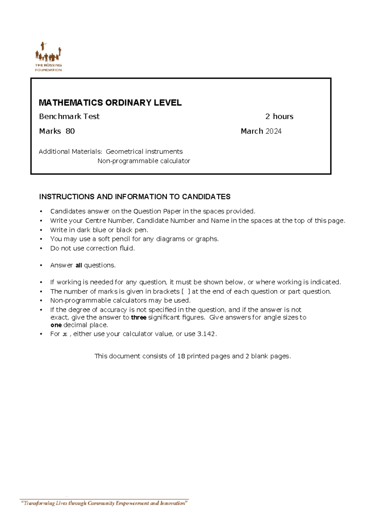 Mathematics Benchmark Test (002) - MATHEMATICS ORDINARY LEVEL Benchmark ...