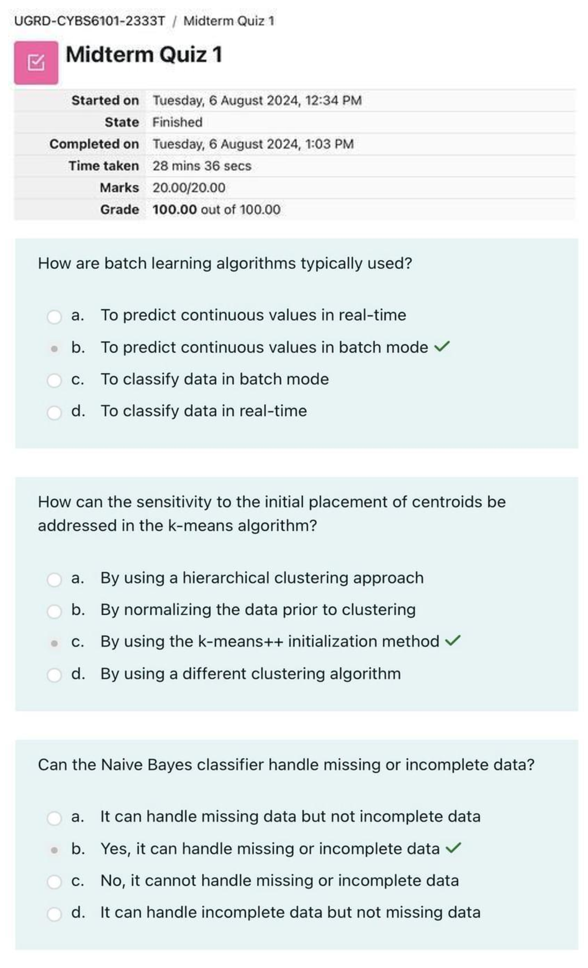UGRD CYBS6101 2333T Midterm QUIZ 1 - Midterm Quiz 1 Midterm Quiz 1 Started on Tuesday, 6 August ...