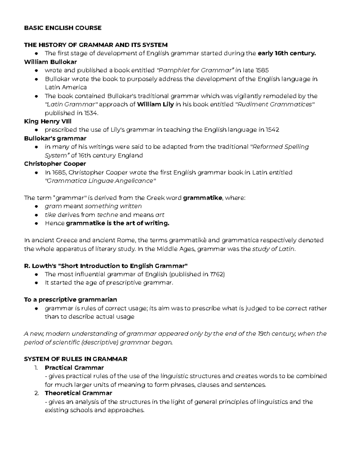 Basic English Course - BASIC ENGLISH COURSE THE HISTORY OF GRAMMAR AND ...