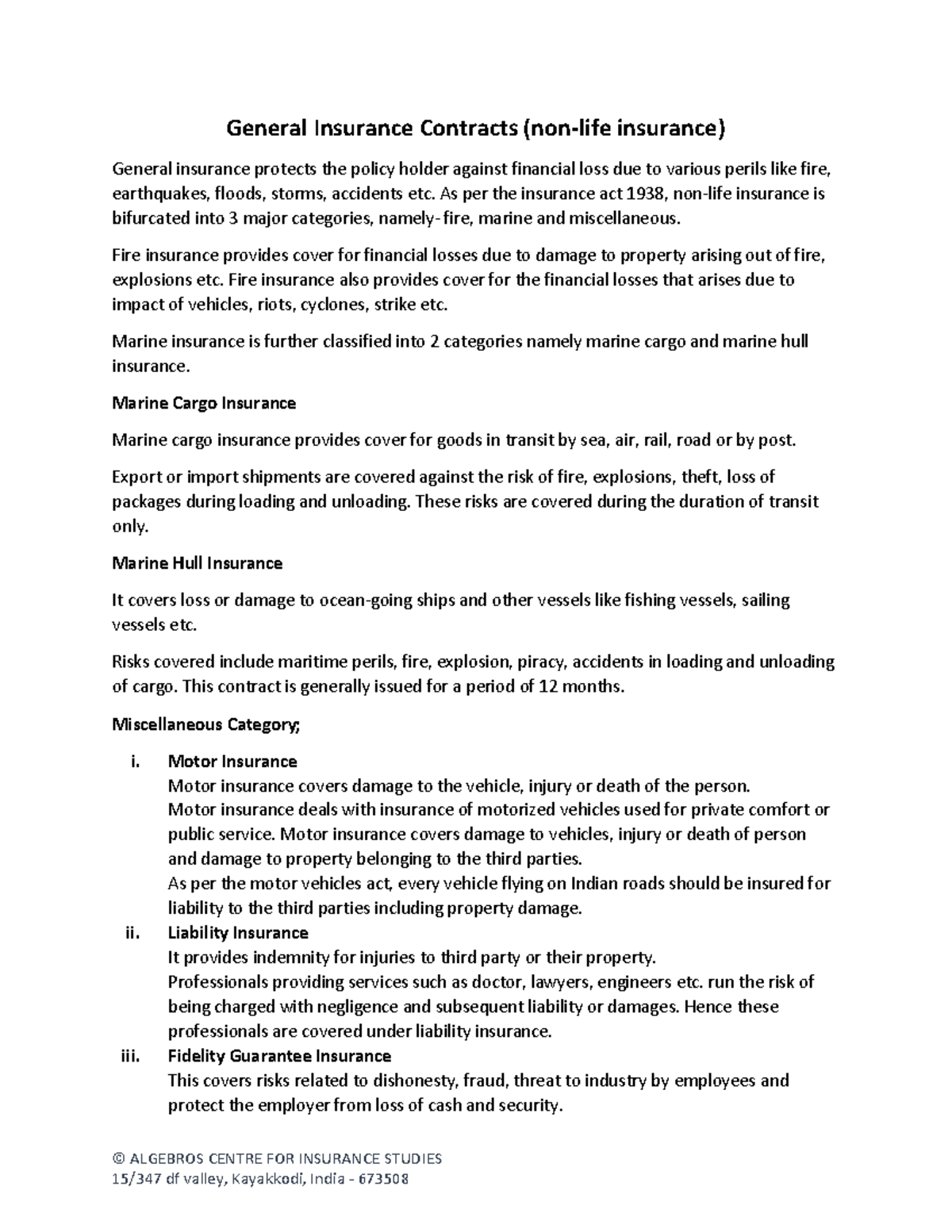 Principles of Insurance-Module 5&6 - © ALGEBROS CENTRE FOR INSURANCE ...