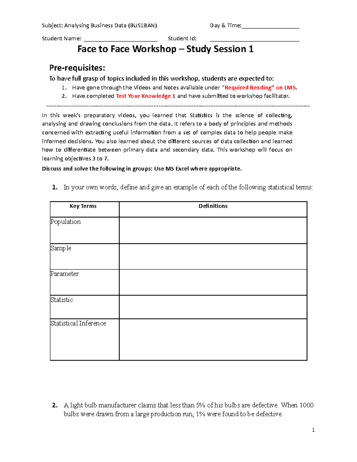 Face to Face Workshop - Study Session 1 - Subject: Analysing Business ...
