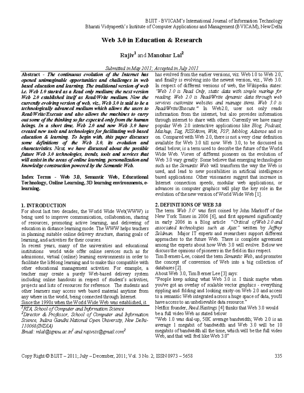 Web 30 in Education Research - BIJIT - BVICAM’s International Journal ...