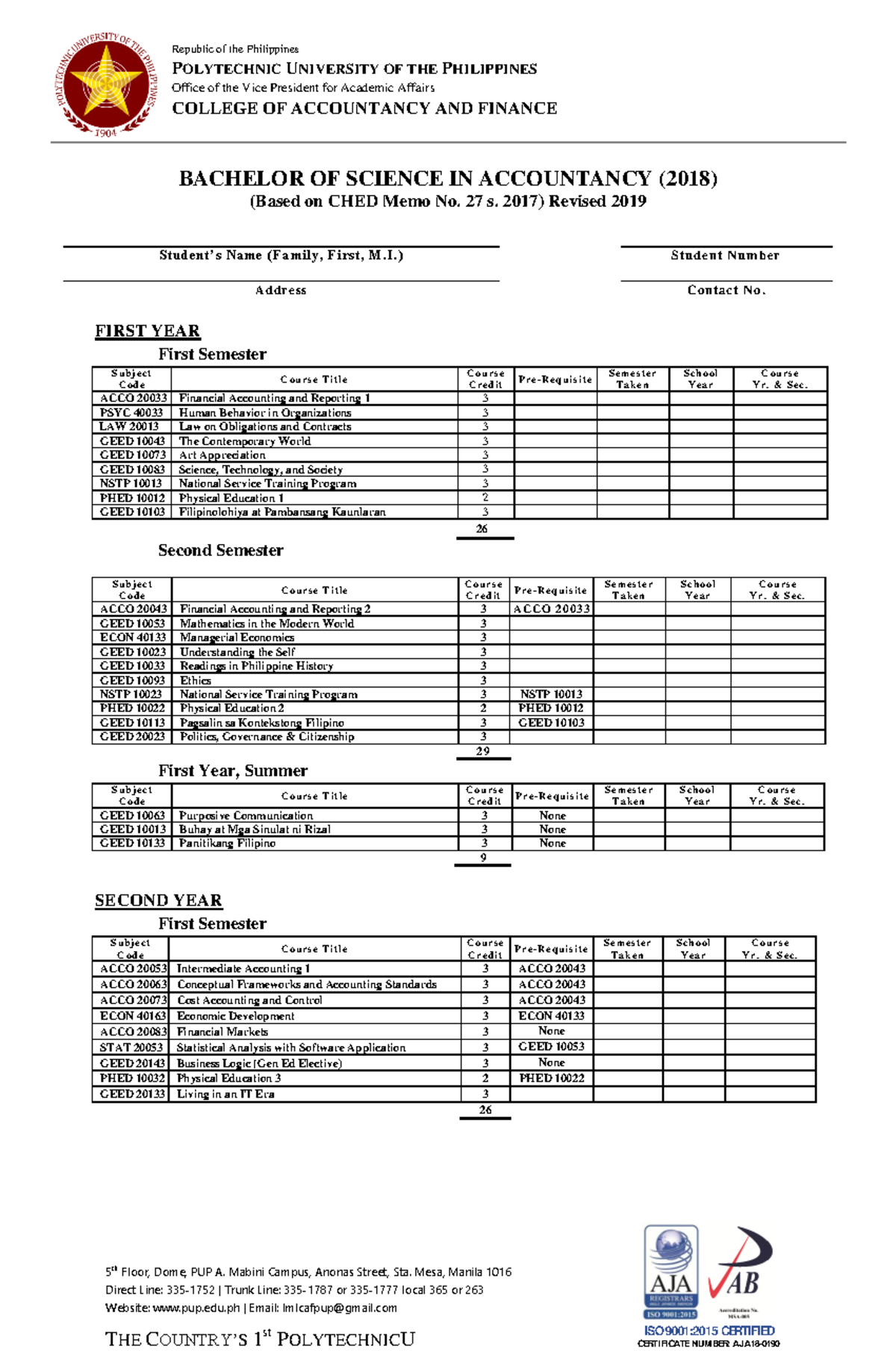 PUP BS Accoutancy Curriculum - ISO 9001:2015 CERTIFIED CERTIFICATE ...