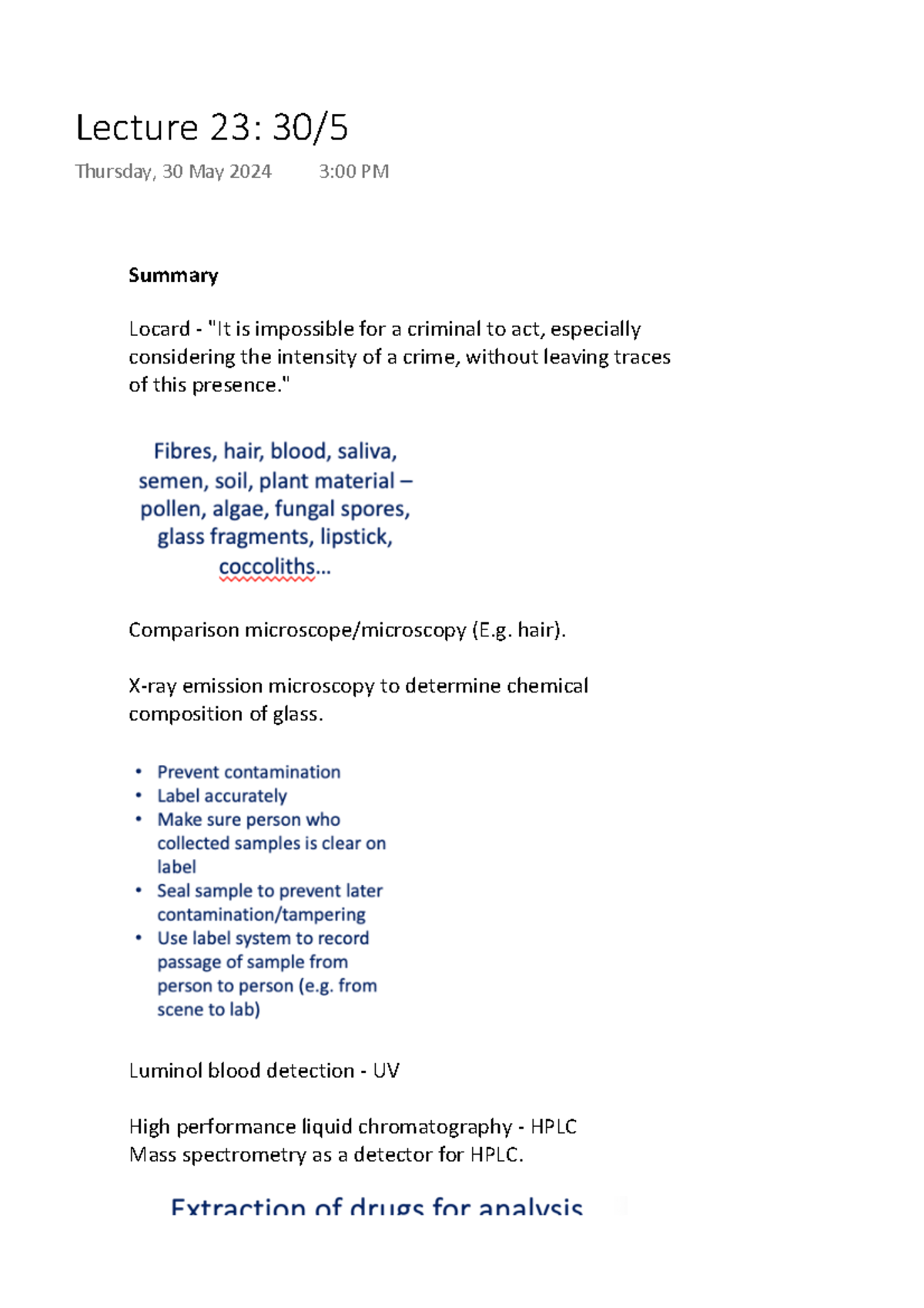 Lecture 23 305 - Summary Locard - "It is impossible for a criminal to act, especially - Studocu