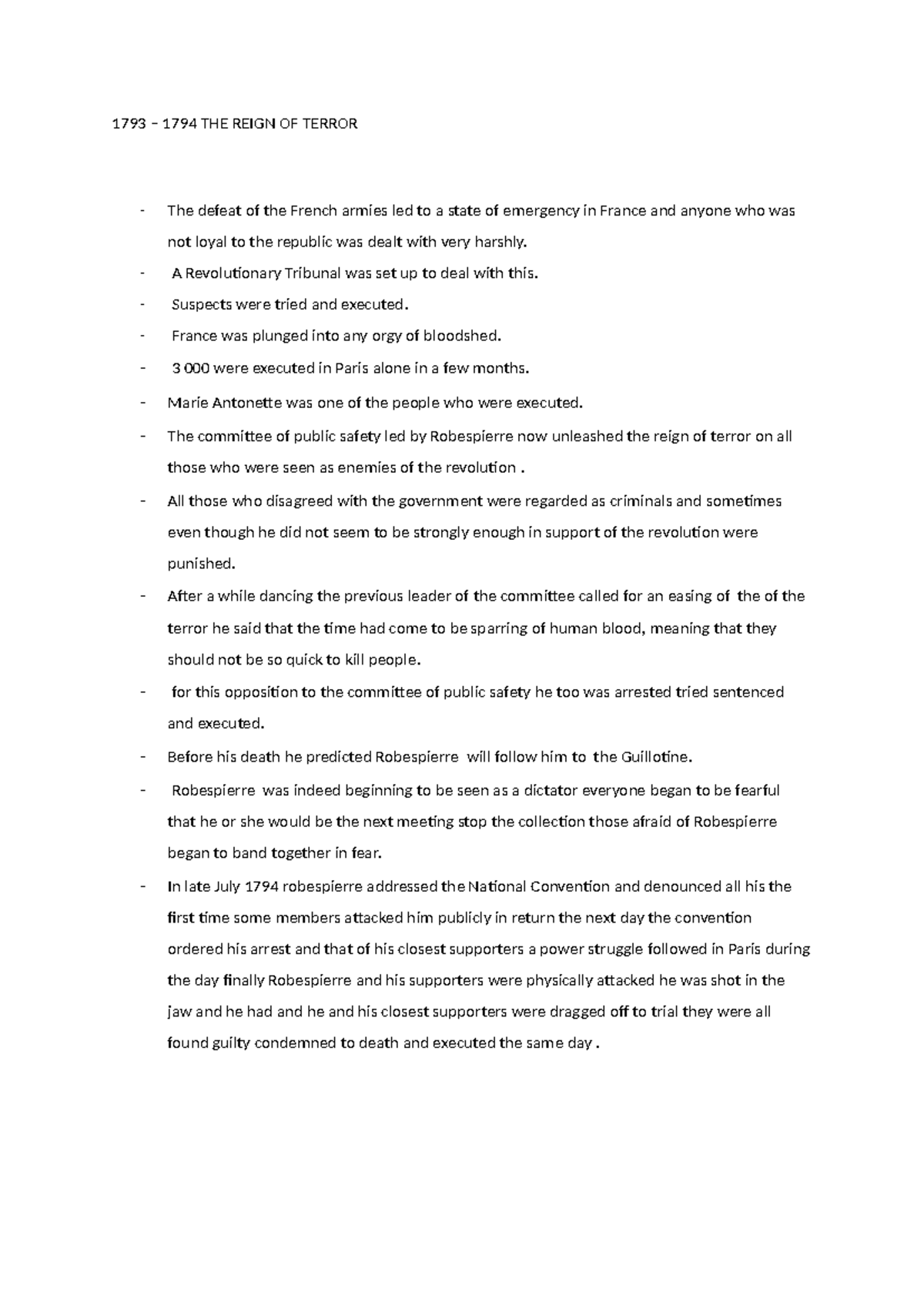 Grade 10 Terror notes - 1793 – 1794 THE REIGN OF TERROR - The defeat of ...