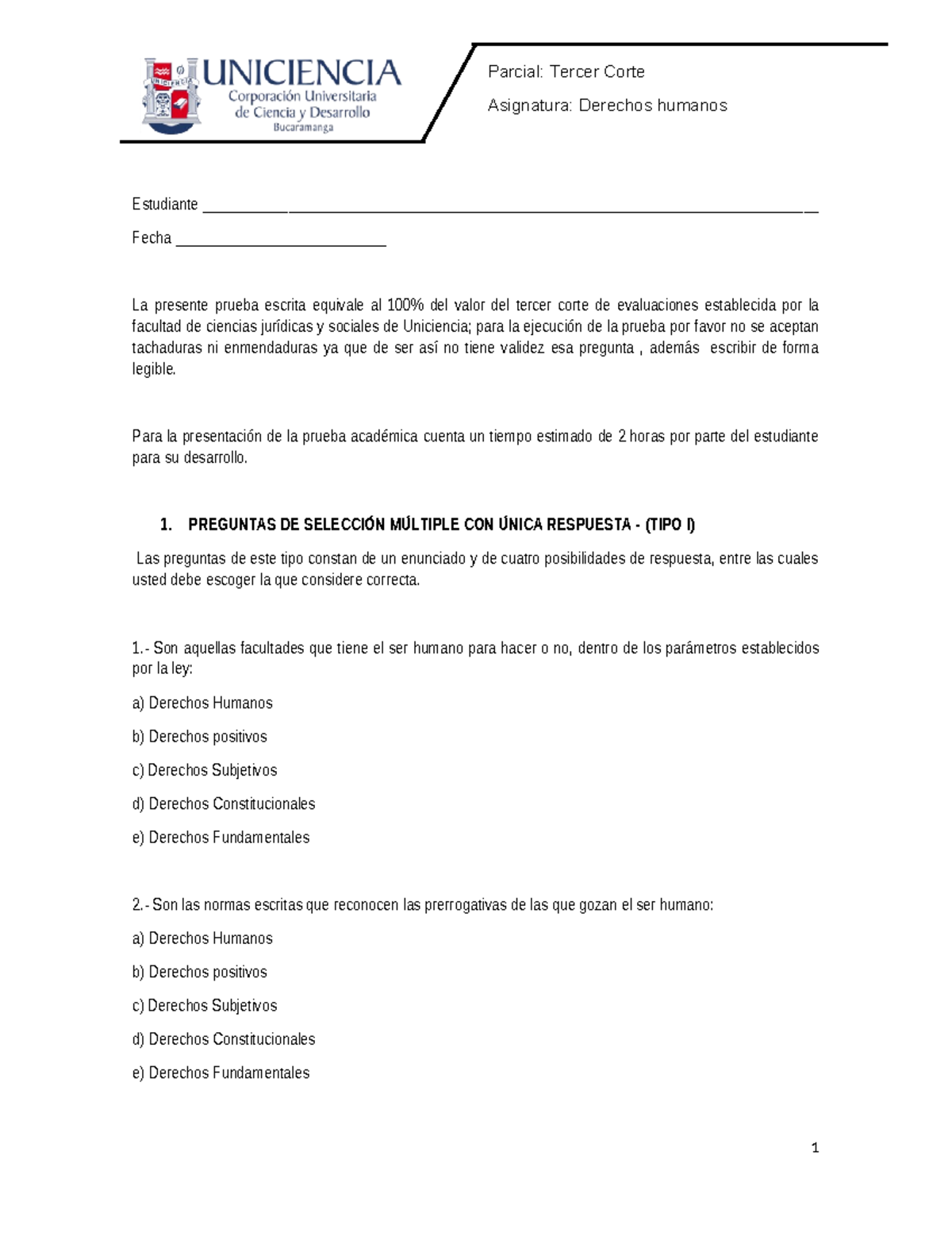 Examen DDHH 2024 - PREGUNTAS DDHH - Asignatura: Derechos humanos Estudiante - Studocu