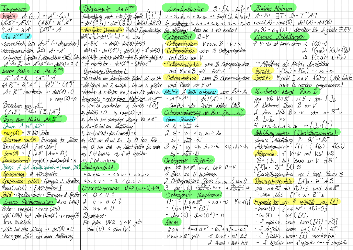 Lineare Algebra FS - Formelsammlung - 6 Transponieren Determinanten/Rn ...