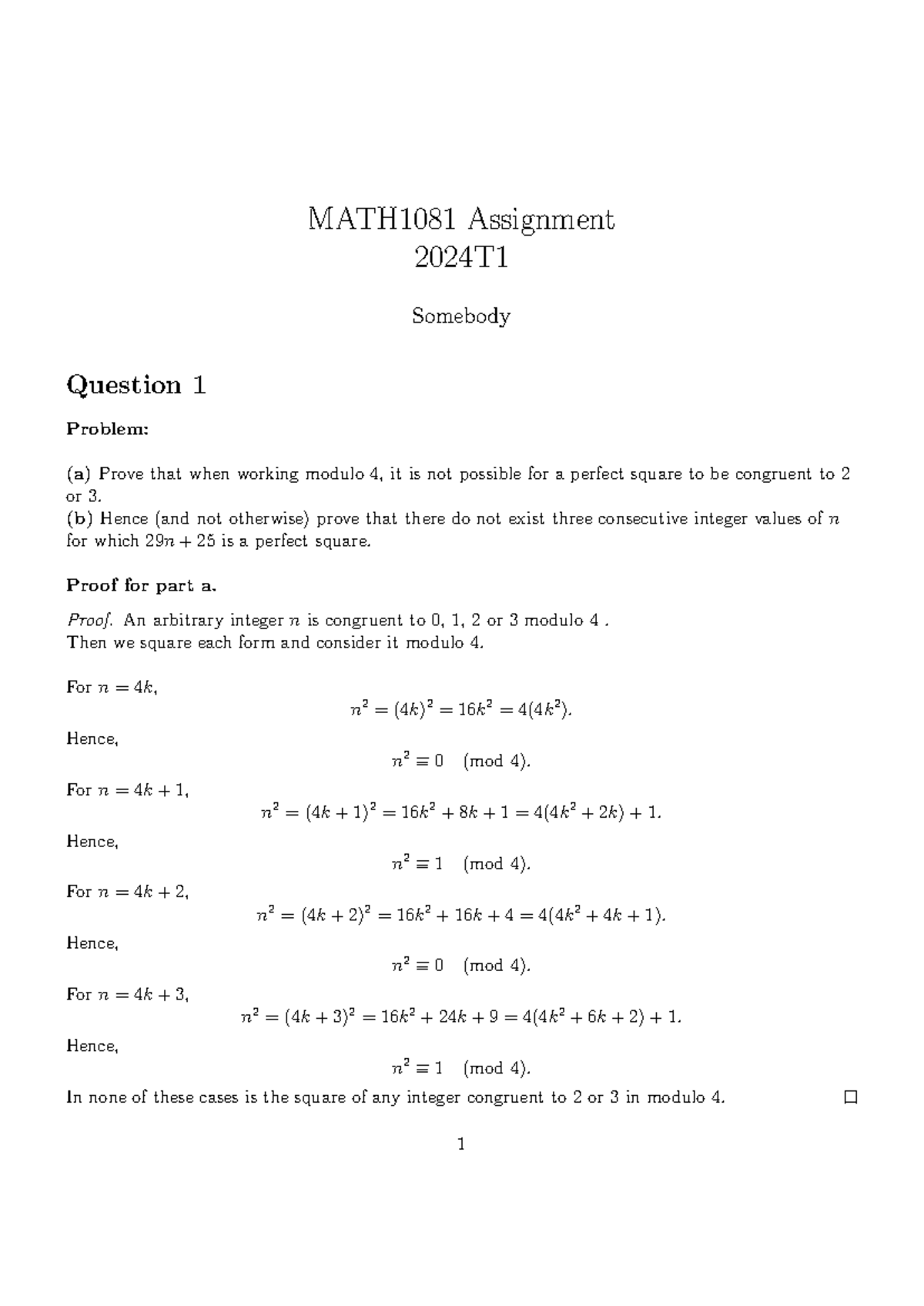 MATH1081 Assginment - assignment - MATH1081 Assignment 2024T Somebody Question 1 Problem: (a ...
