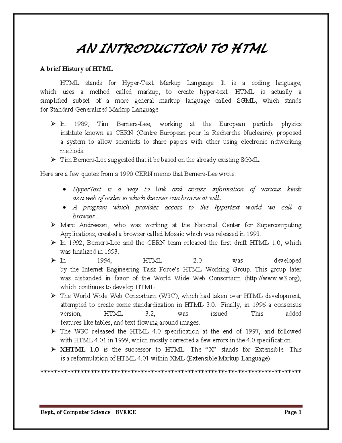 Basics of html - AN INTRODUCTION TO HTML A brief History of HTML HTML ...