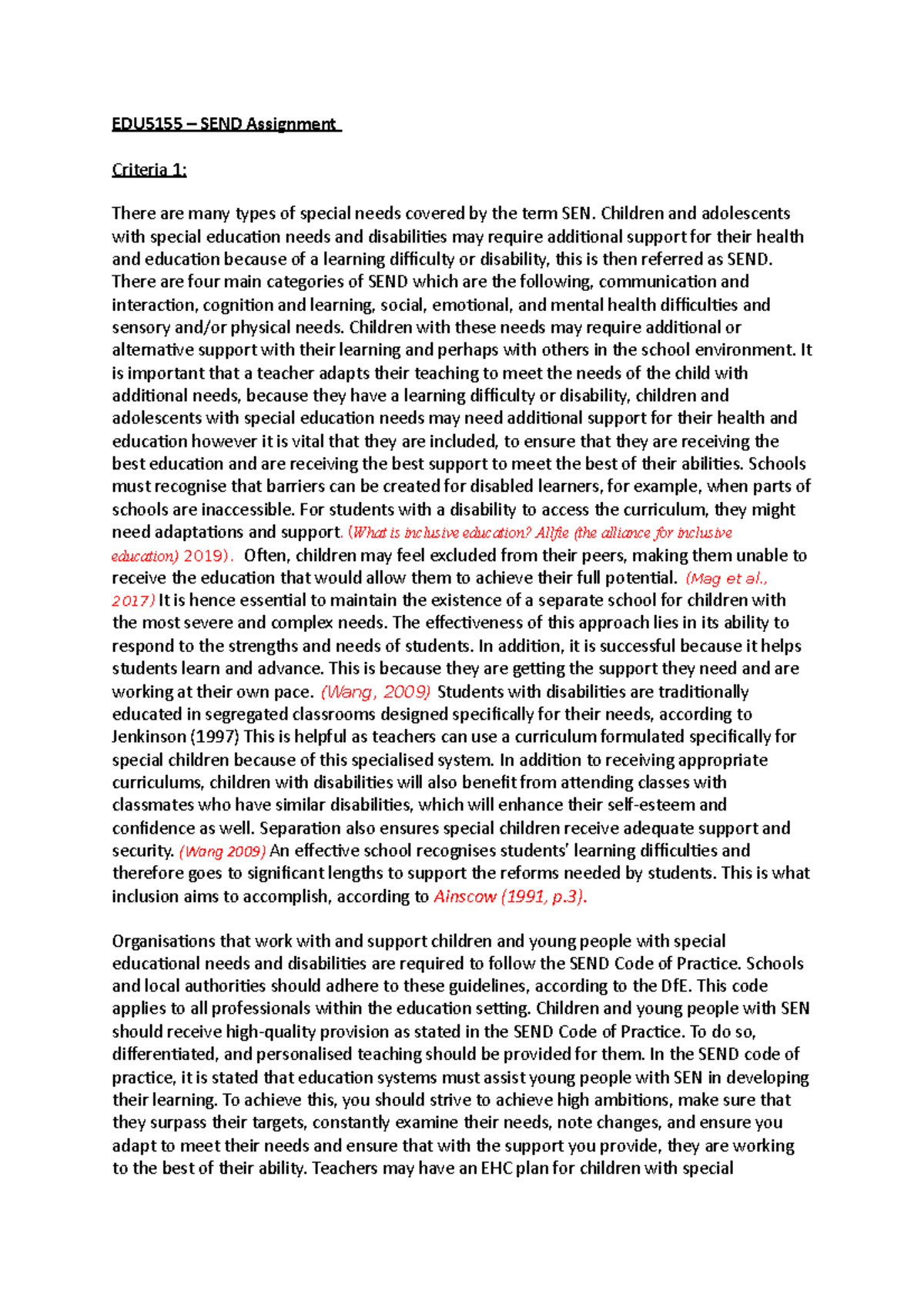 SEND special educational needs - EDU5155 – SEND Assignment Criteria 1 ...