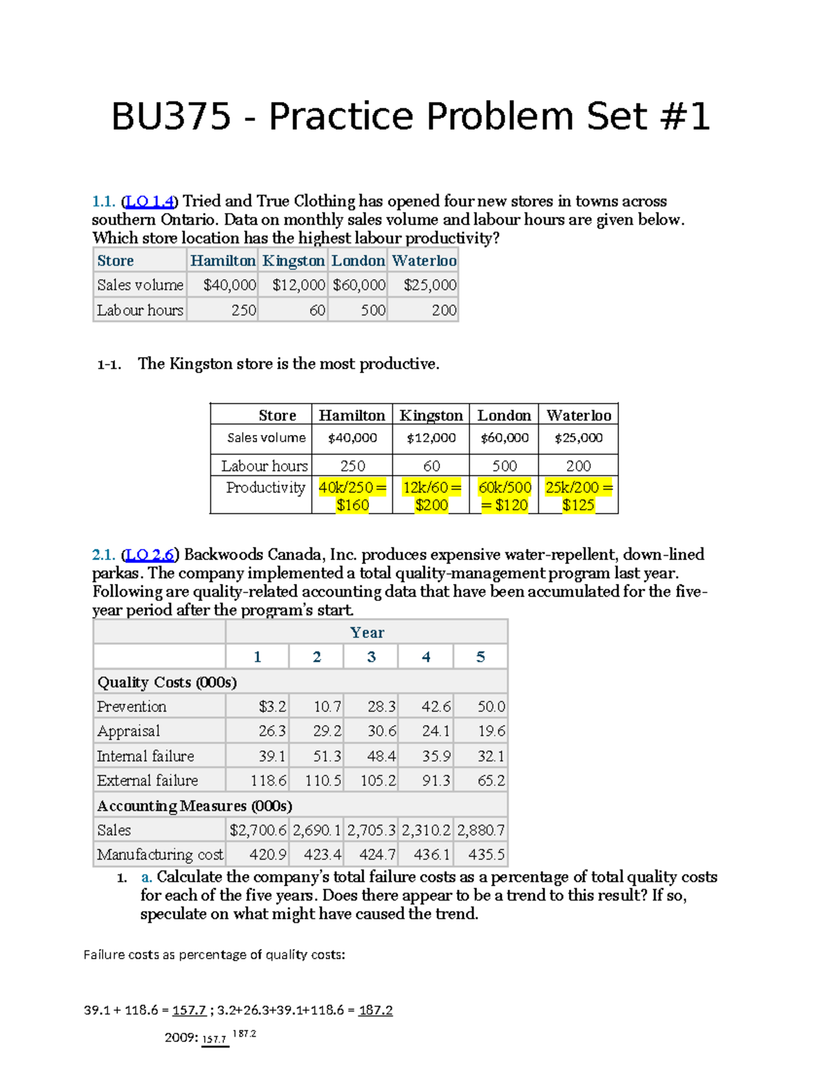 Practice Problem Set 1 (chapters 1 - 3) - BU375 - Practice Problem Set ...