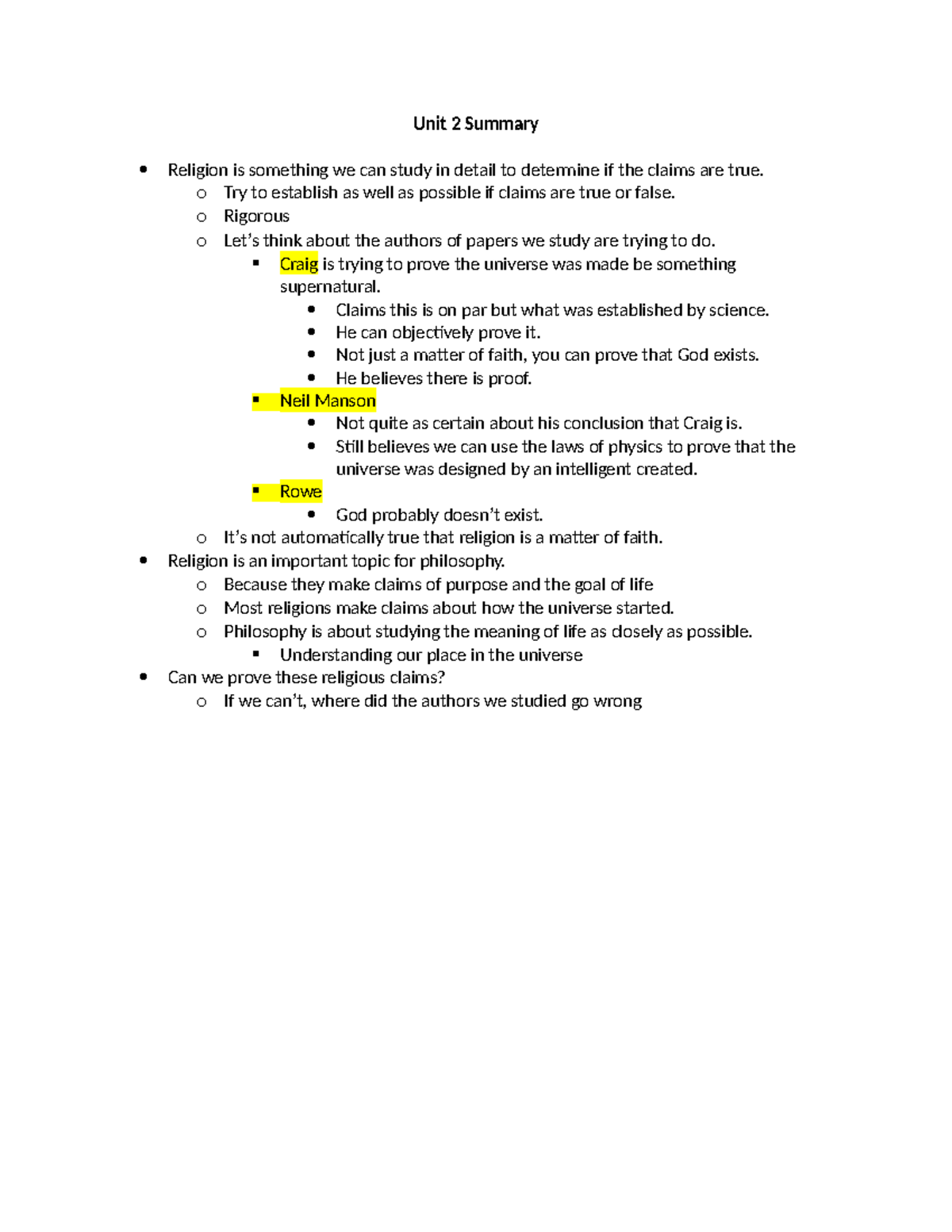 Unit 2 Summary - Unit 2 Summary Religion is something we can study in detail to determine if the ...