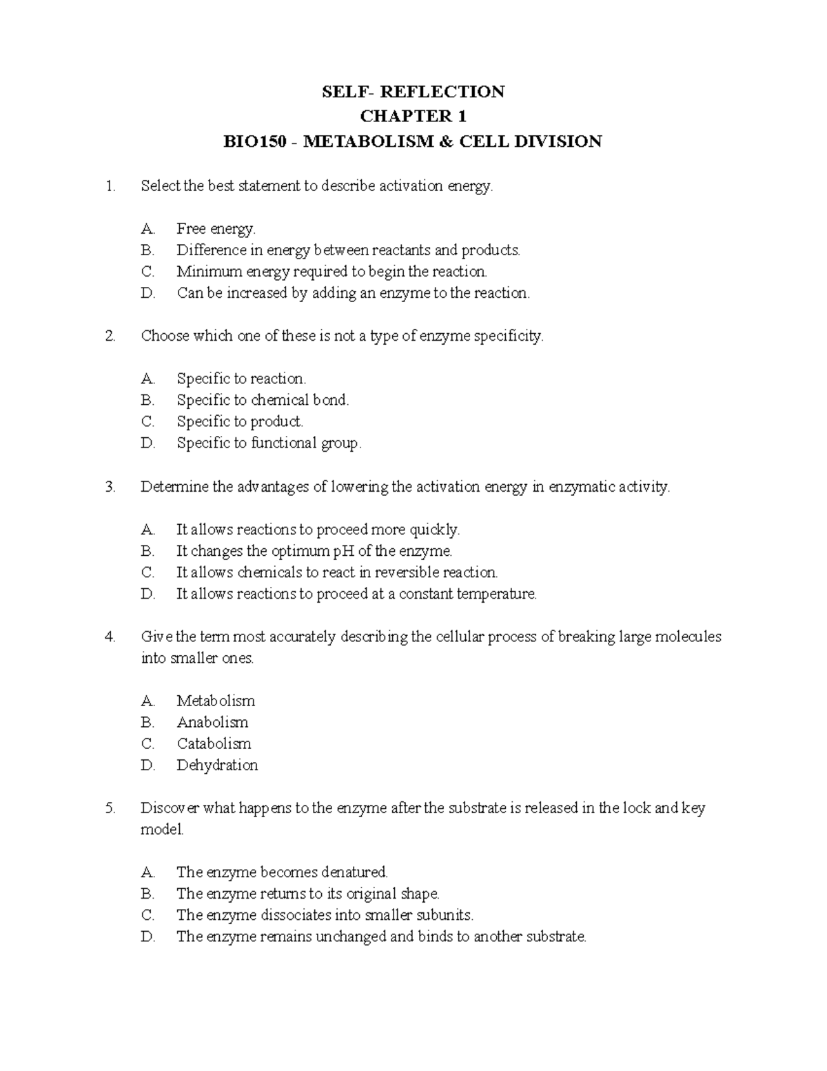 SELF Reflection CHAP 1 BIO150 - SELF- REFLECTION CHAPTER 1 BIO150 ...