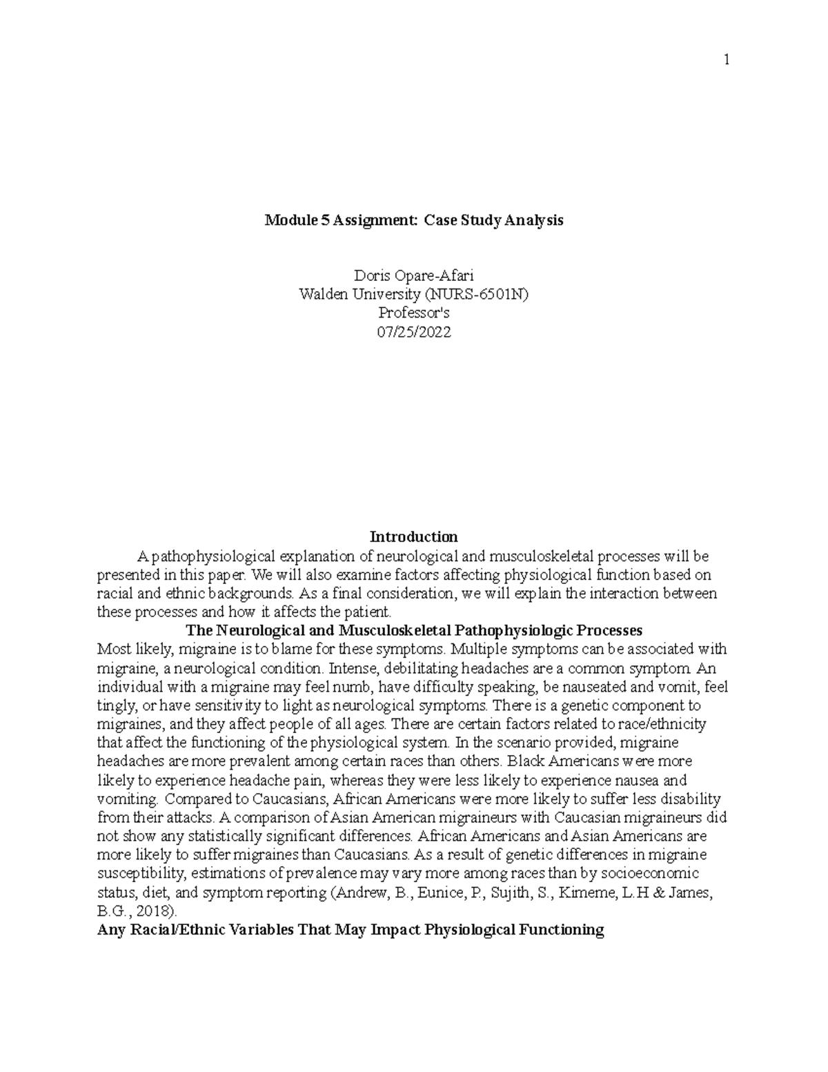 Pathophiology Doris Afari - 1 Module 5 Assignment: Case Study Analysis ...