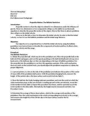 Ballistic Pendulum lab report - Ballistic Pendulum PHYS 215, T 3pm ...