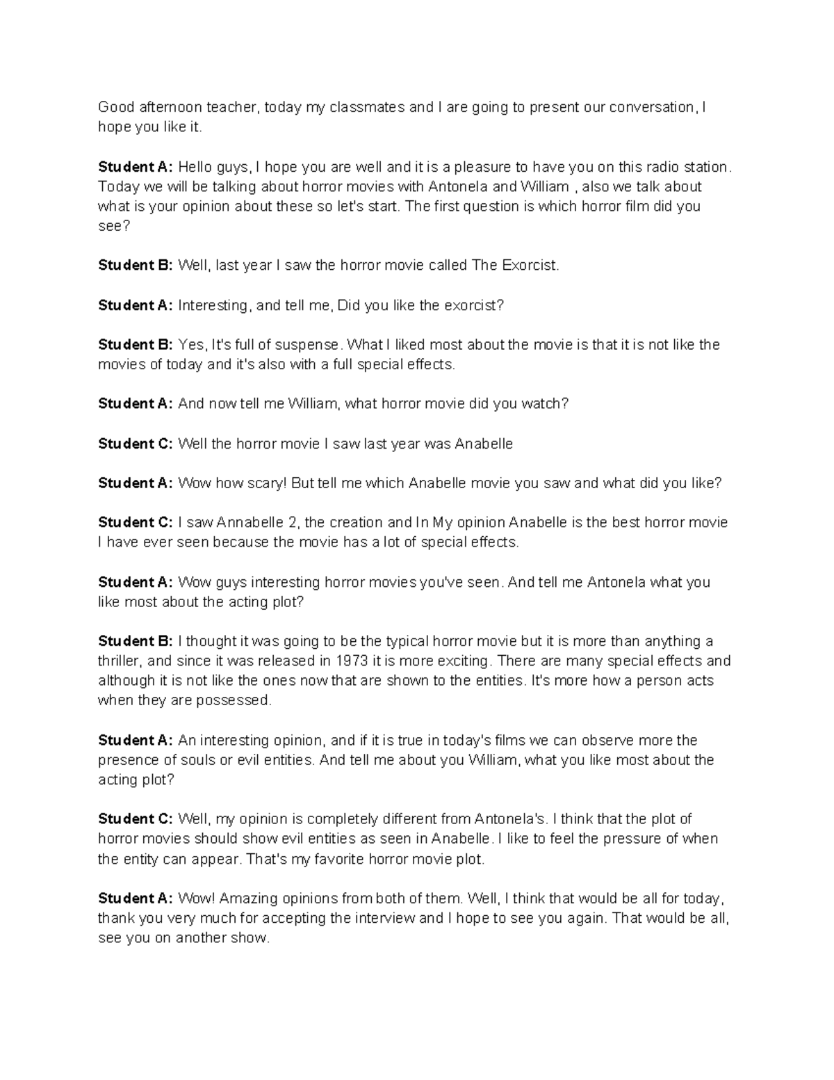 Script horror movies - preguntas de peliculas - Good afternoon teacher ...