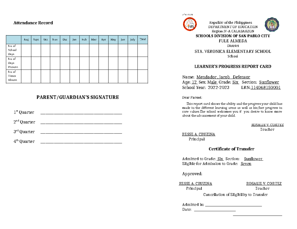 Grade 6 ,SF 9 Report Card - Attendance Record PARENT/GUARDIAN’S ...