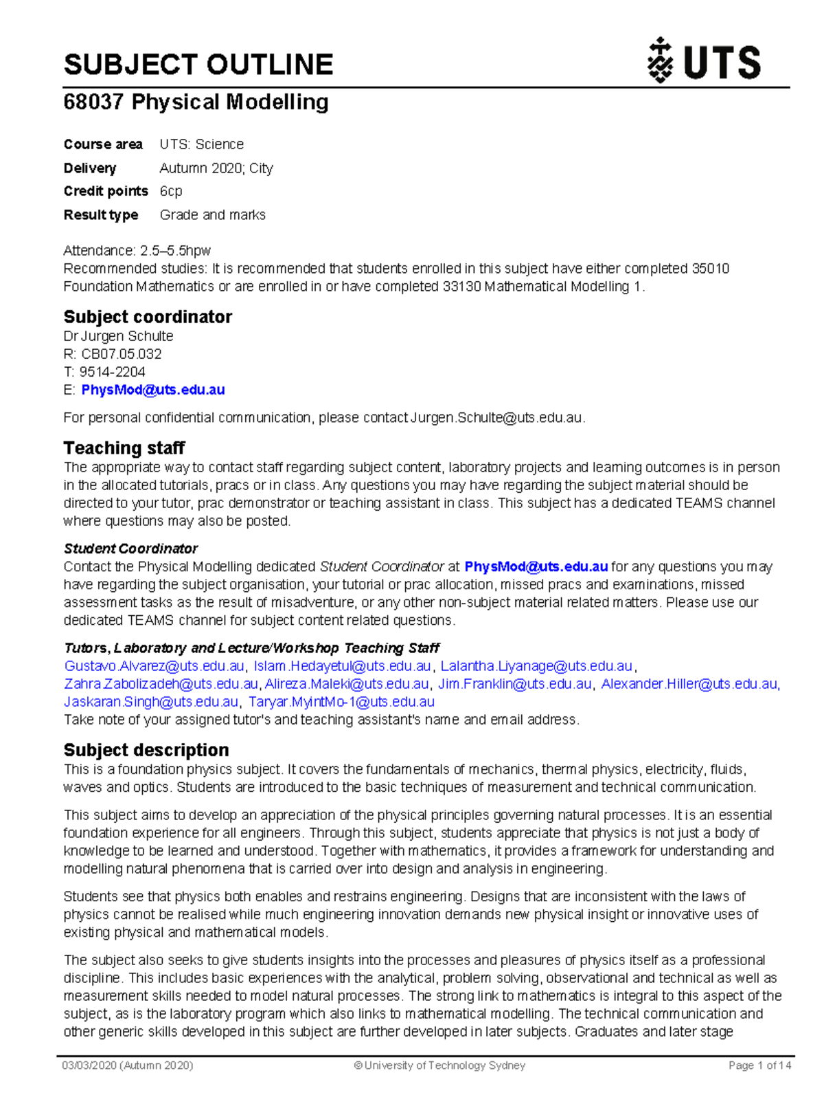Sub Outline - Phys - SUBJECT OUTLINE 68037 Physical Modelling ...