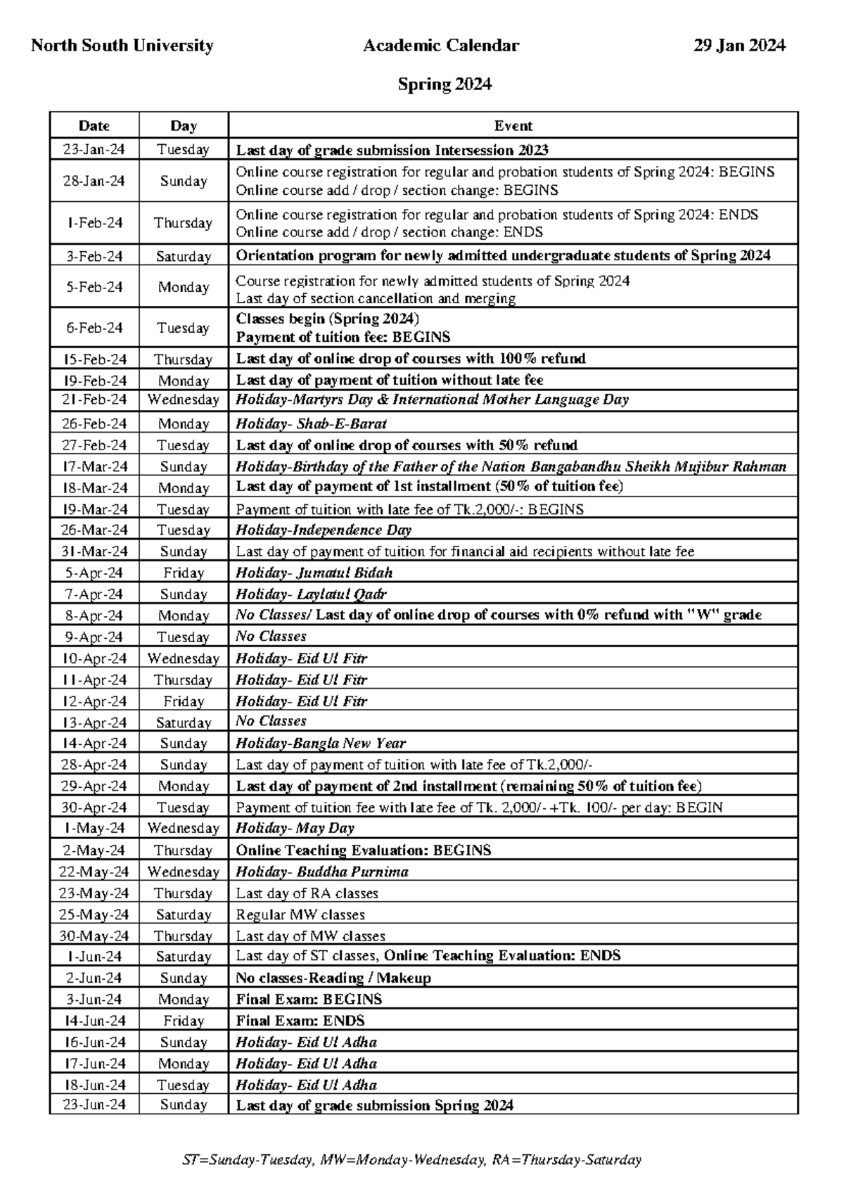 Academic calendar spring 2024 29 jan 2024 - North South University ...