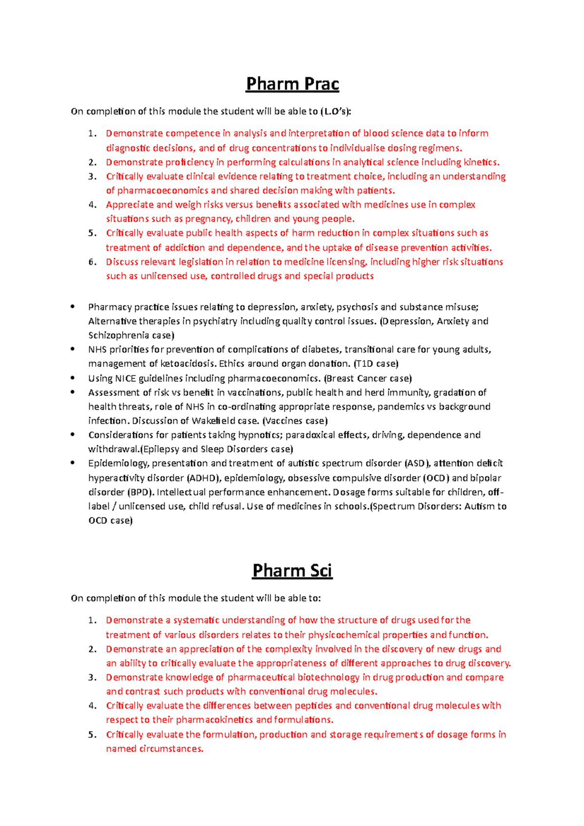 Summer exam spec Year 3 - Pharm Prac On completion of this module the ...