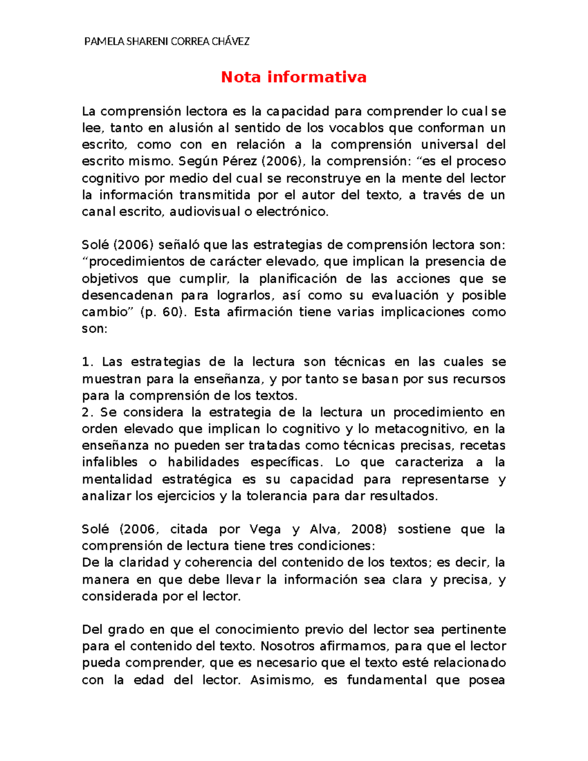 Nota informativa - PAMELA SHARENI CORREA CHÁVEZ Nota informativa La ...