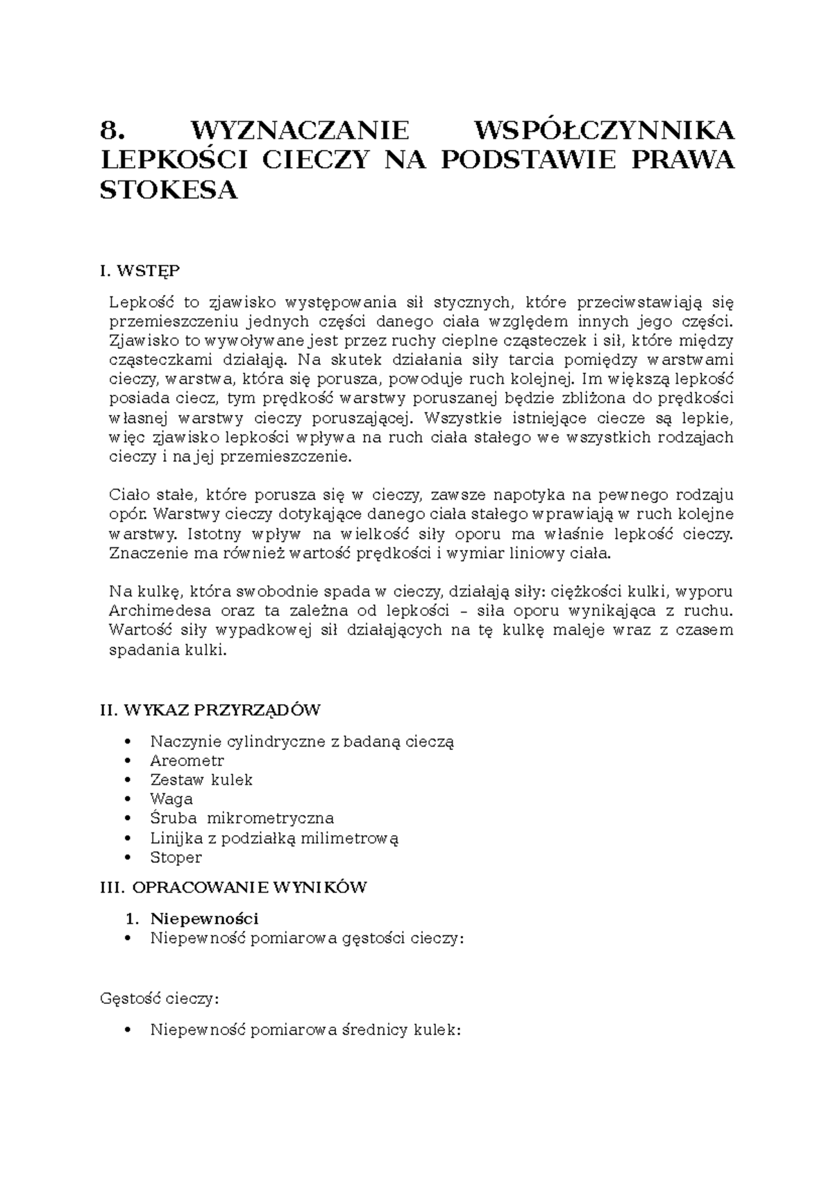 8. lepkość - ćwiczenie 8 - 8. WYZNACZANIE WSPÓŁCZYNNIKA LEPKOŚCI CIECZY ...