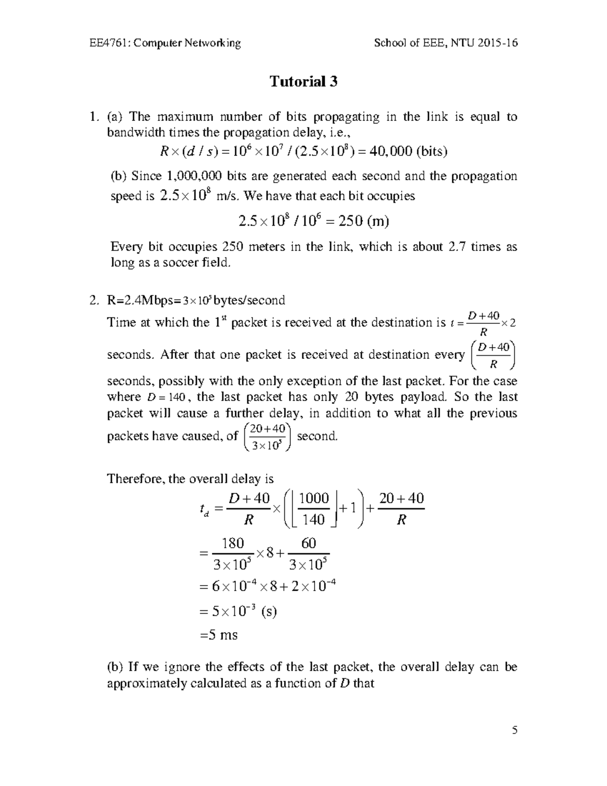Tutorial Solutions Week 4 - EE4761: Computer Networking School of EEE ...