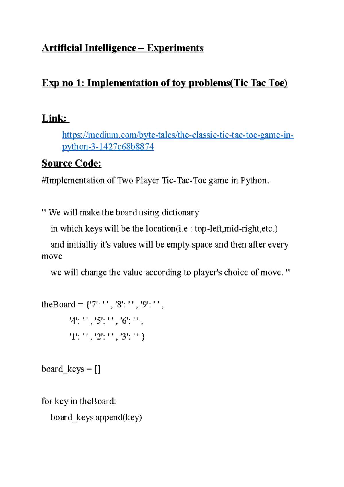 Exp 1 to 3 - Artificial Intelligence – Experiments Exp no 1 ...