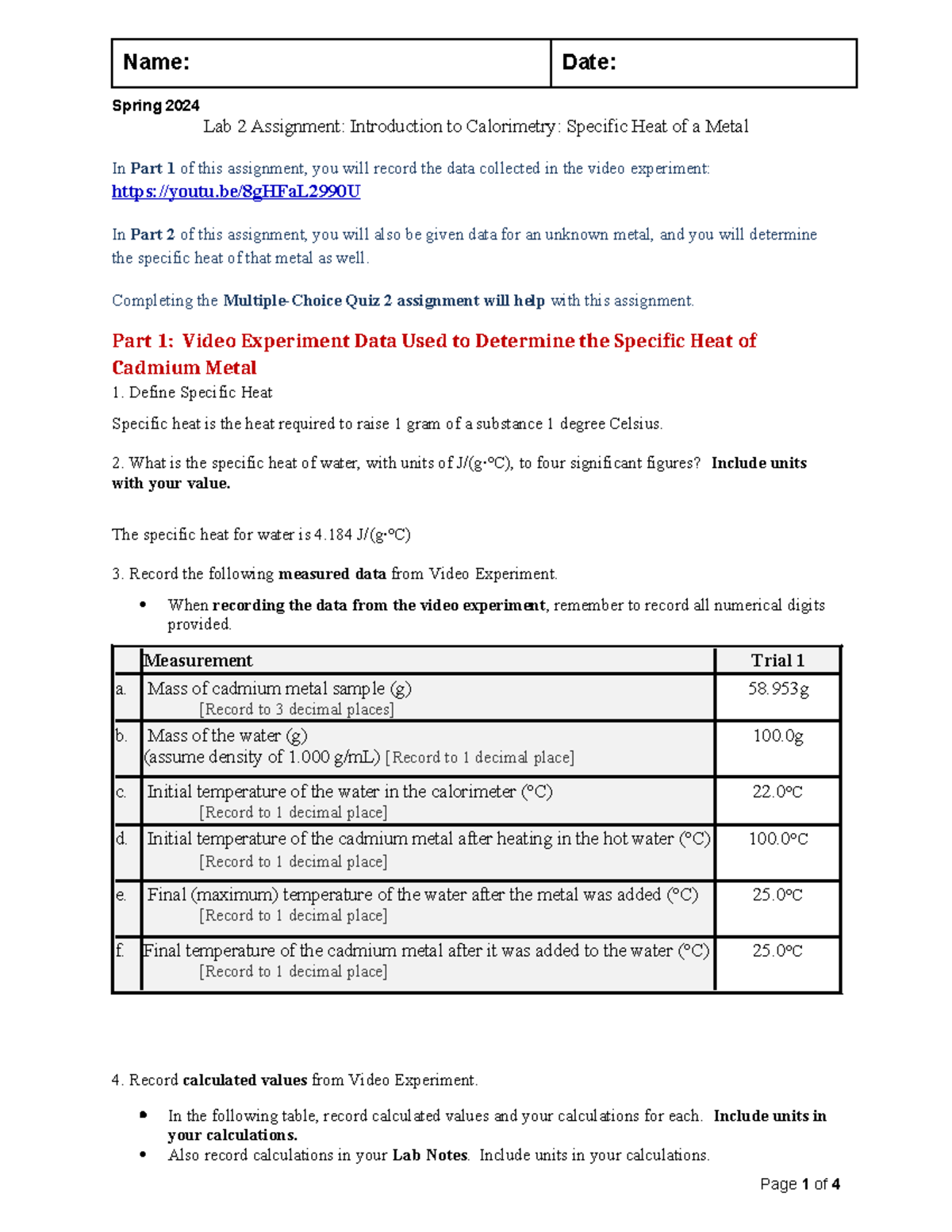 Lab 2 Intro to Calorimetry Sp2024-1 Complete - Spring 2024 Lab 2 Assignment: Introduction to ...