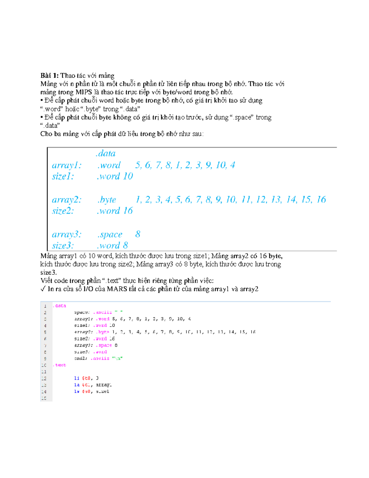 Tổ chức và cấu trúc máy tính II (IT012) - LAB05 - Bài 1: Thao tác với mảng Mảng với n phần tử ...
