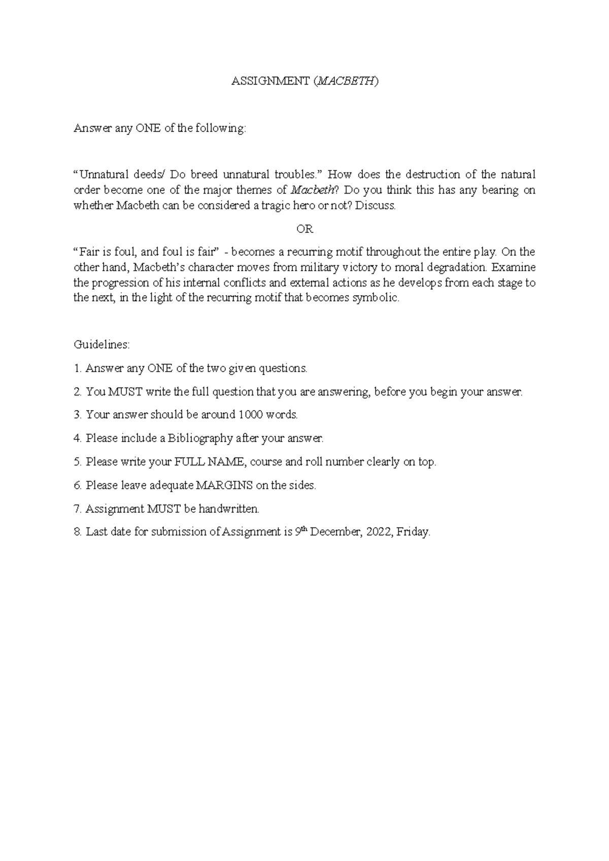 Assignment on Macbeth 6 - ASSIGNMENT (MACBETH) Answer any ONE of the ...