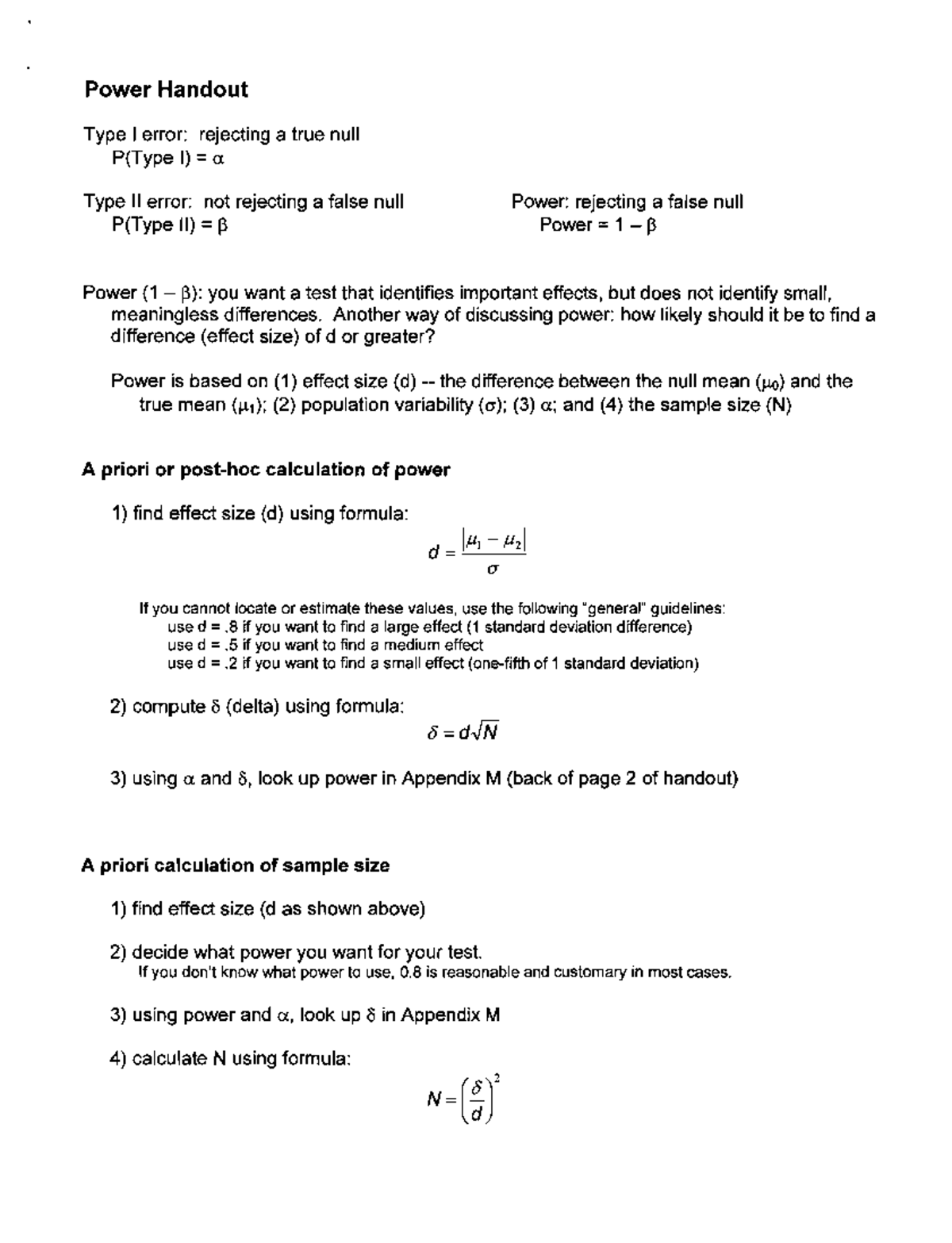 Power-1 - class notes - Power Handout Type I error: rejecting a true ...