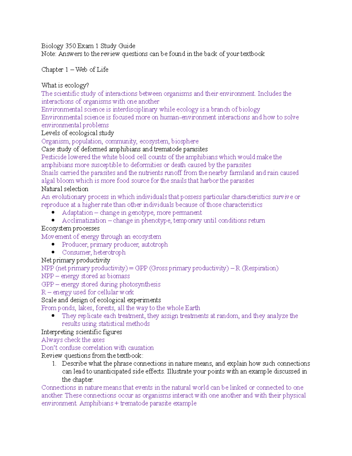 Exam 1 Study Guide - Biology 350 Exam 1 Study Guide Note: Answers to ...