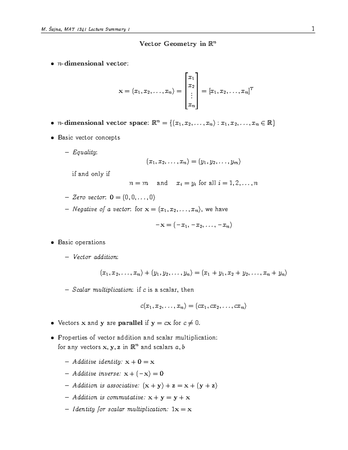 Summary-Chapter 1 - summary ch 1 - M. ˇSajna, MAT 1341 Lecture Summary 1 1 Vector Geometry in Rn ...