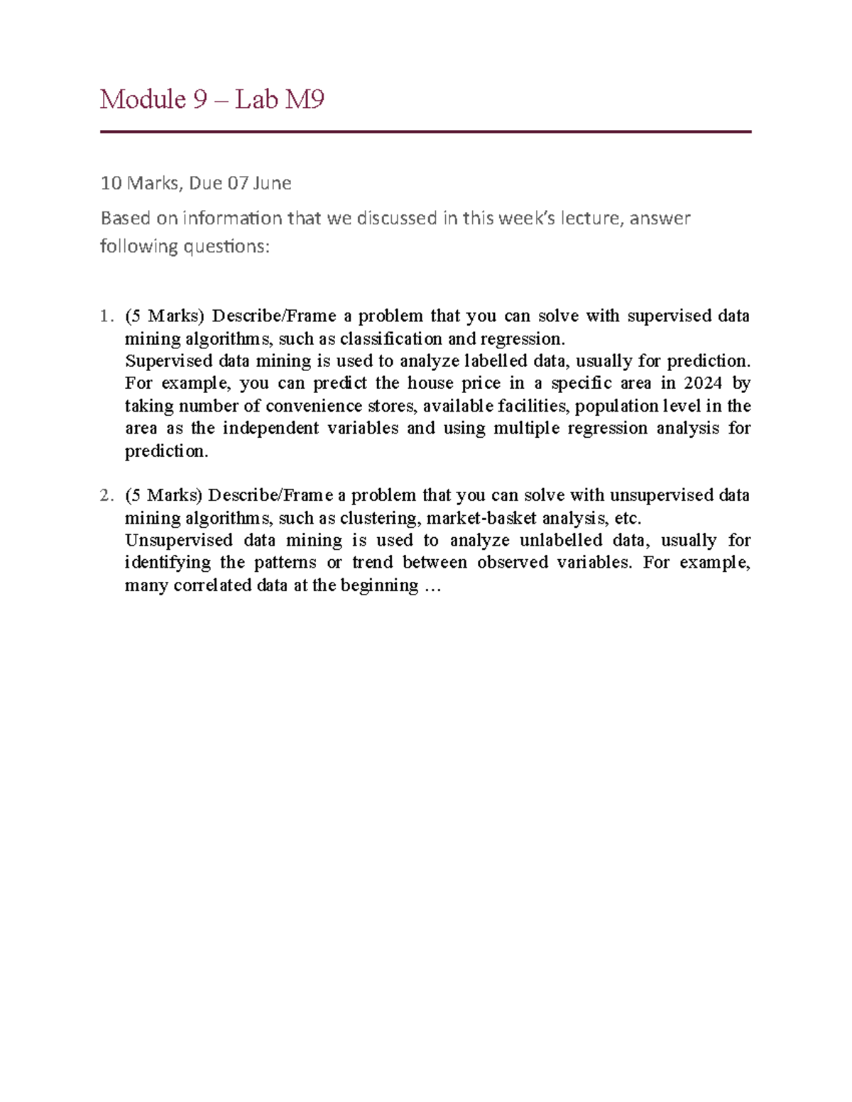 M9-Lab - this is database course, enjoy - Module 9 – Lab M 10 Marks, Due 07 June Based on - Studocu