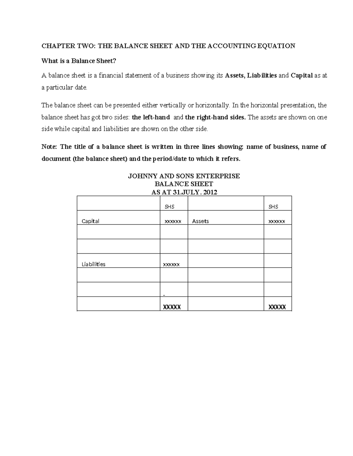 Lecture Notes Chapter TWO (BBE 1101) - CHAPTER TWO: THE BALANCE SHEET ...