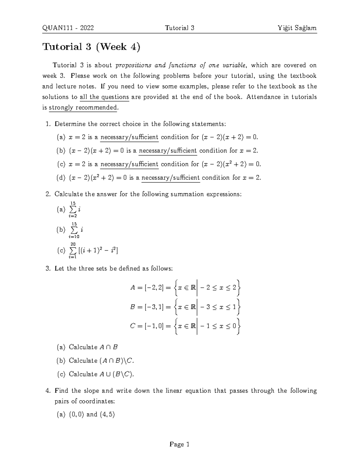 Quan111 2022 2 tut3 - QUAN111 - 2022 Tutorial 3 Yi ̆git Sa ̆glam ...