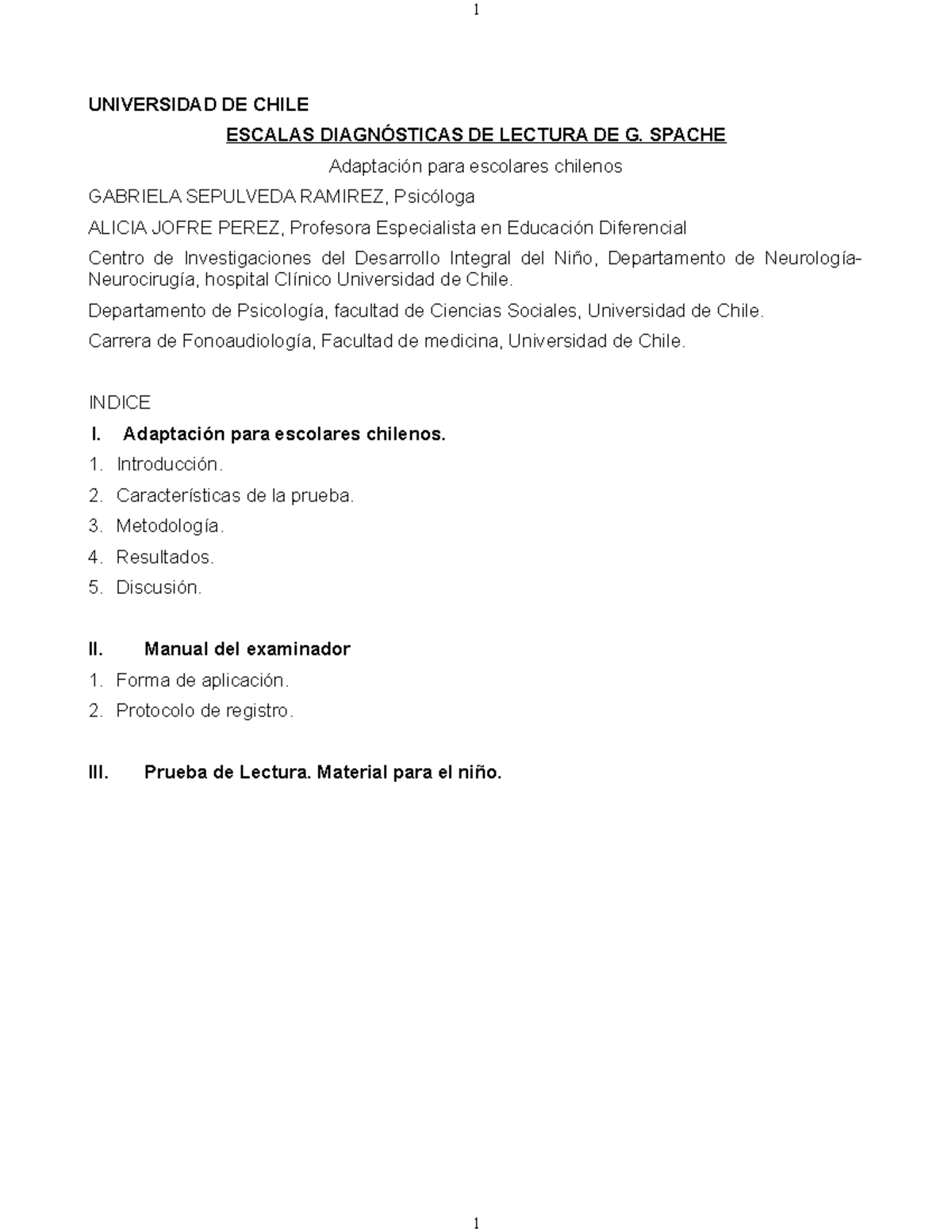Manual Spache - UNIVERSIDAD DE CHILE ESCALAS DIAGNÓSTICAS DE LECTURA DE ...