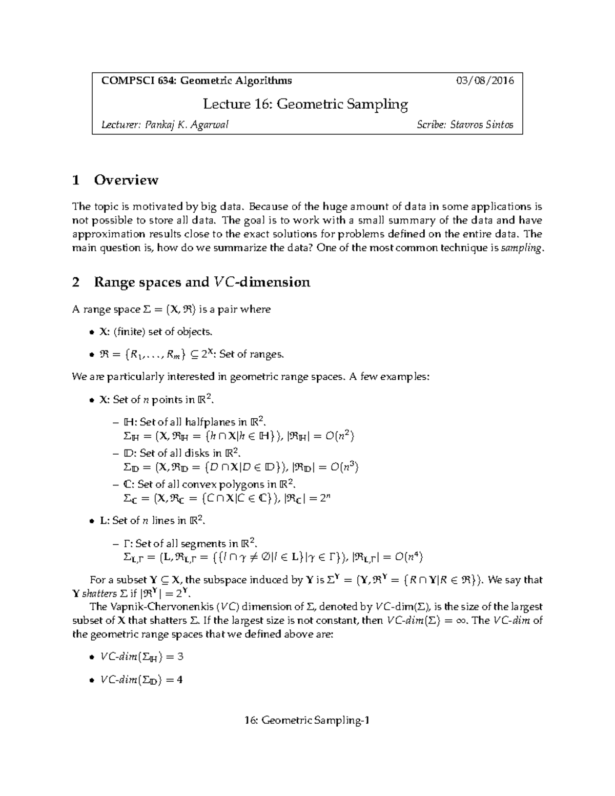 Geometric Sampling 03082016 Compsci 634 Geometric Algorithms Lecture 16 Geometric Sampling