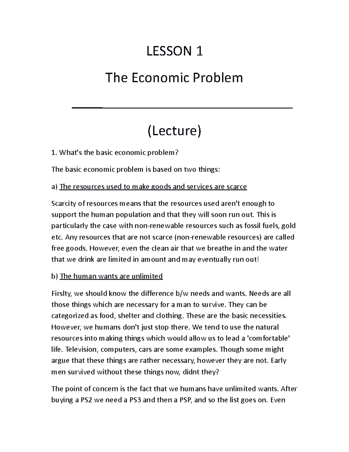 Lesson 1 - the economic problem - LESSON 1 The Economic Problem ...