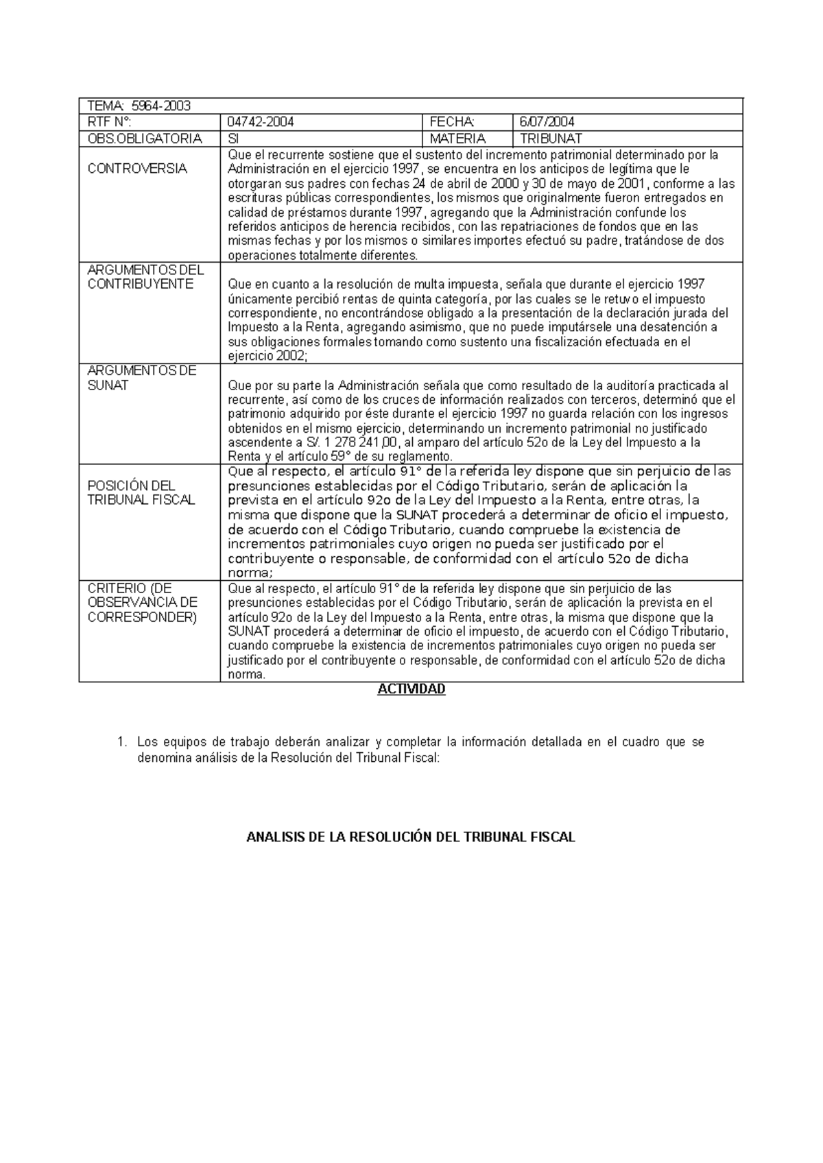 Analisis RTF 123 - es bueno el trabajo - TEMA: 5964- RTF N°: 04742-2004 ...