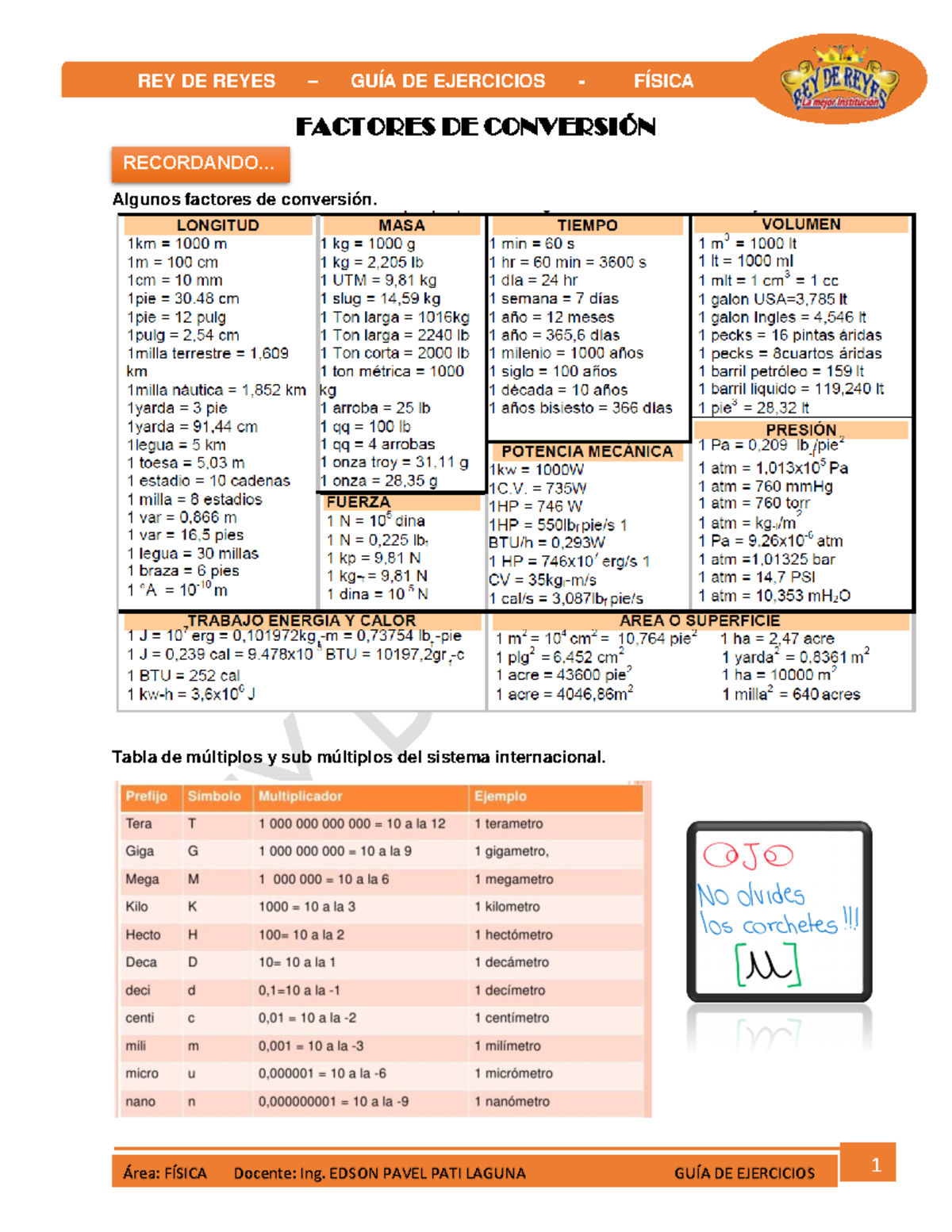 GUÍA 1 - Guía de ejercicios de física pre facultativa - FACTORES DE CONVERSIÓN Recordando ...