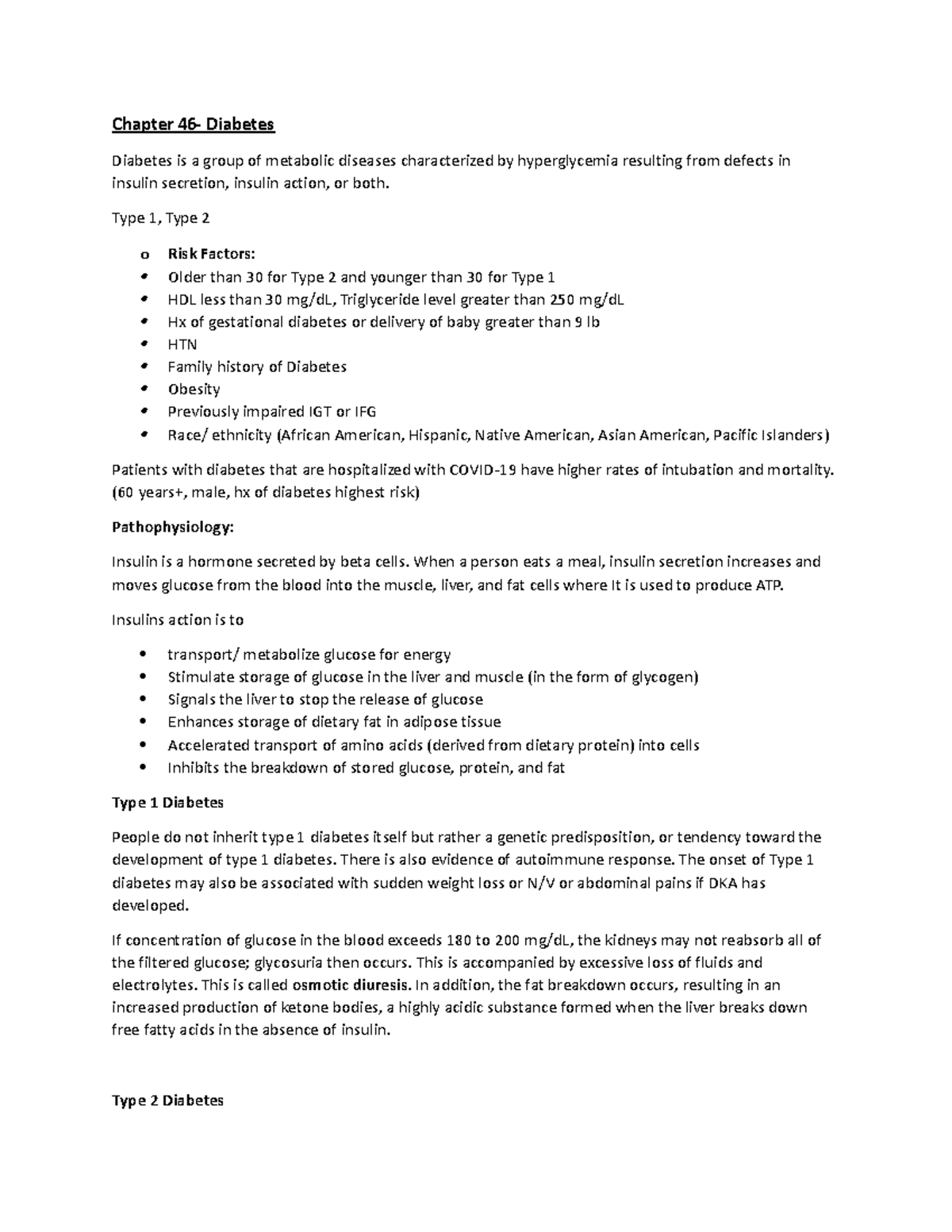 Chapter 46 DM - notes on Diabetes - Chapter 46- Diabetes Diabetes is a ...