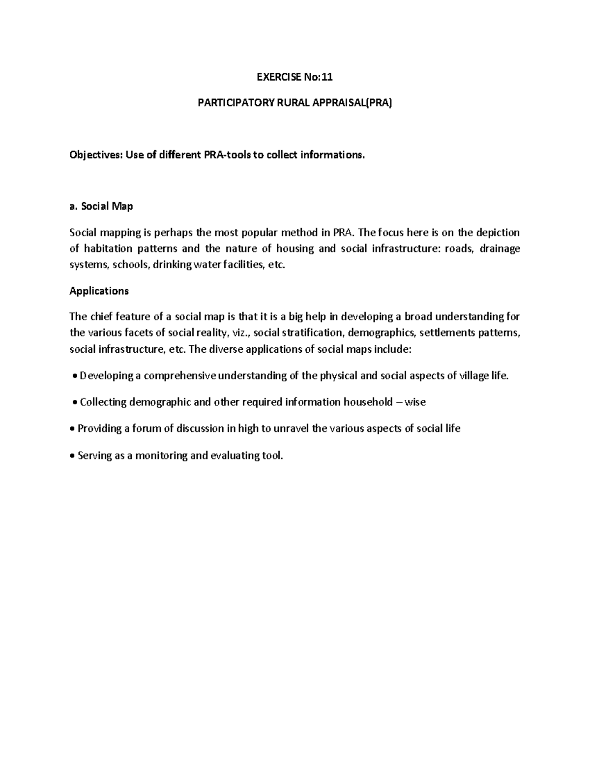 PARTICIPATORY RURAL APPRAISAL(PRA) Objectives: Use of different PRA ...