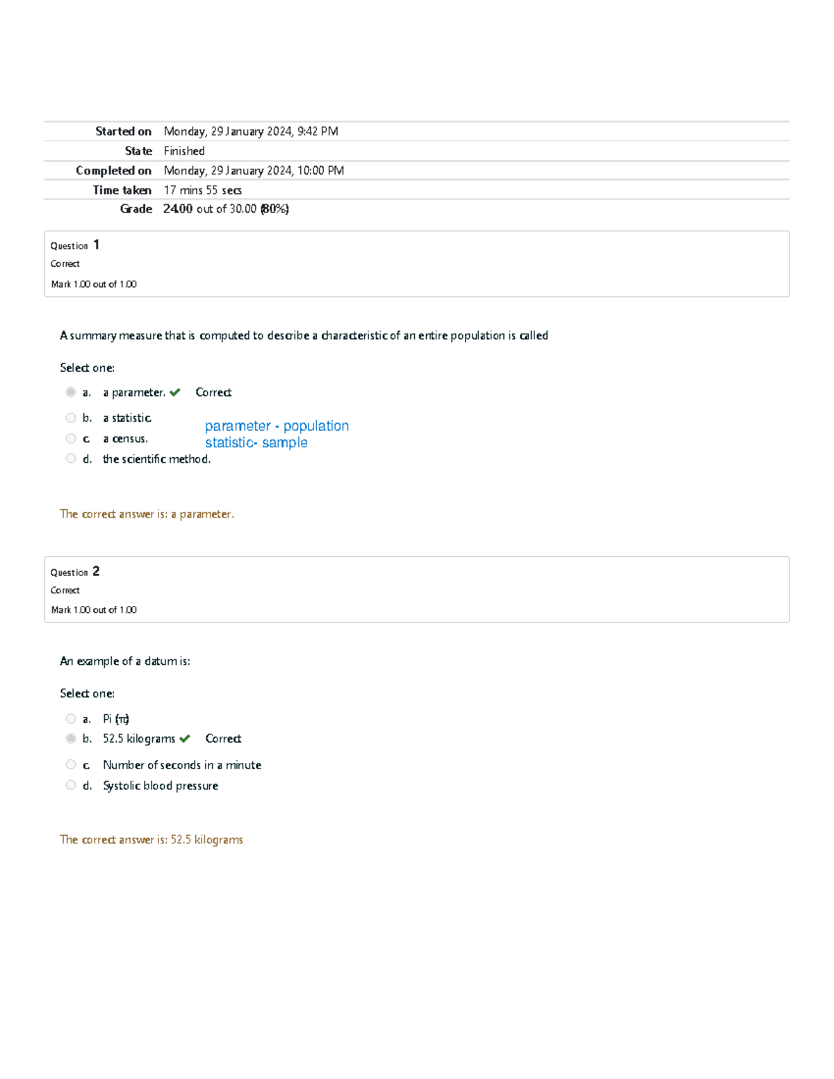 ECON1005- Stats Unit 1 Practice Quiz - Started on Monday, 29 January 2024, 9:42 PM State ...